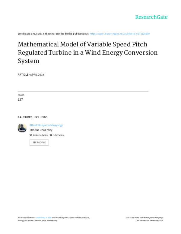 Pdf Mathematical Model Of Variable Speed Pitch Regulated Turbine In A Wind Energy Conversion