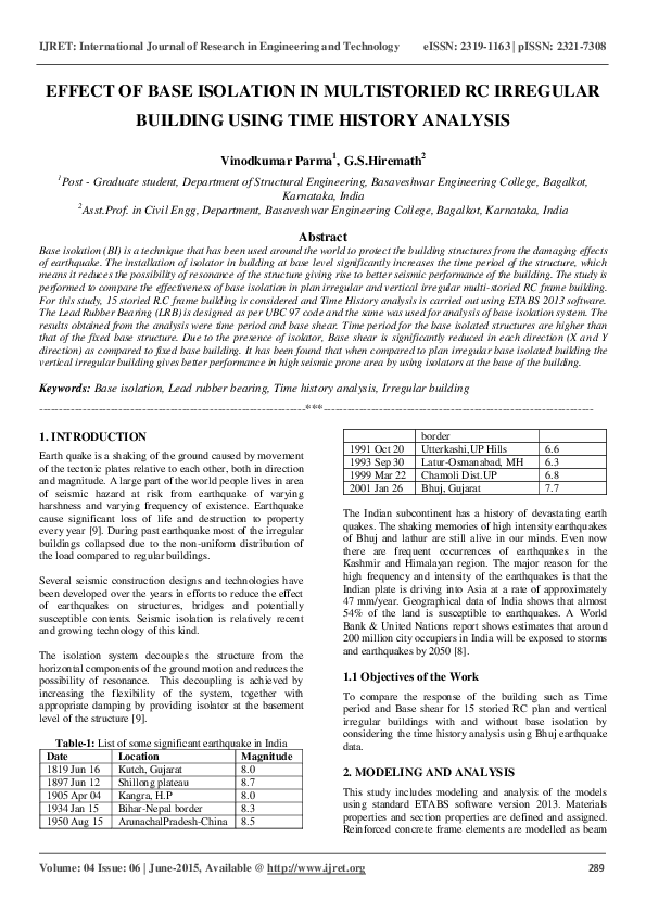 Pdf Effect Of Base Isolation In Multistoried Rc Irregular Building Using Time History Analysis