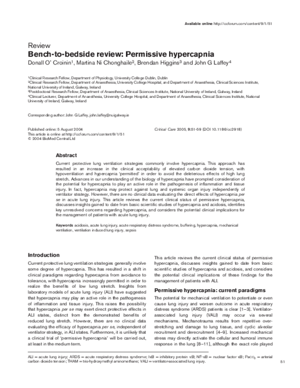 (PDF) Bench-to-bedside review: Permissive hypercapnia