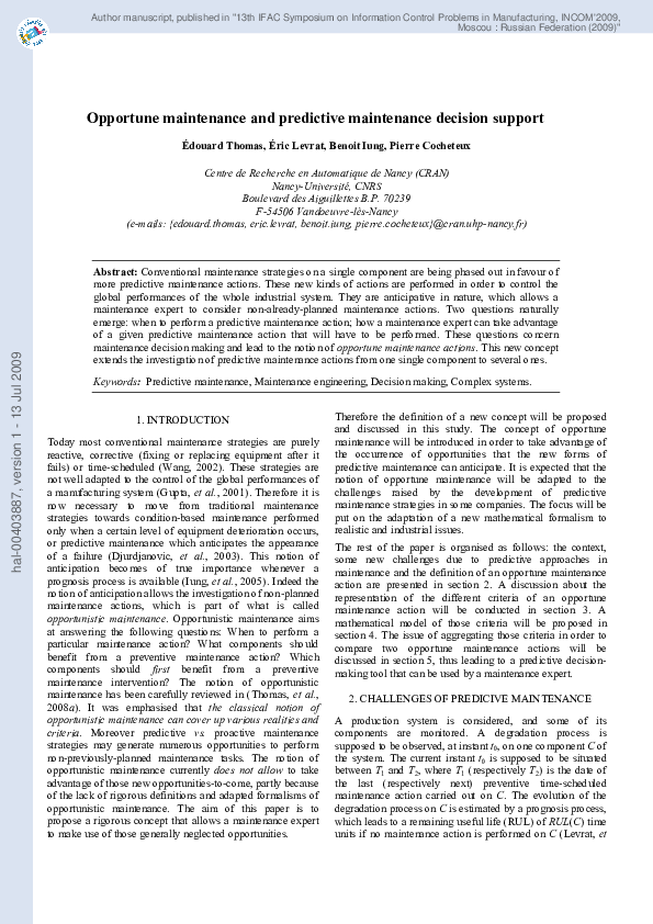 (PDF) Opportune Maintenance and Predictive Maintenance Decision Support