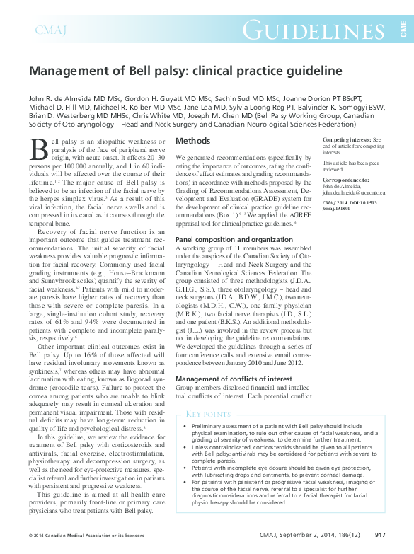 (PDF) Management of Bell palsy: clinical practice guideline