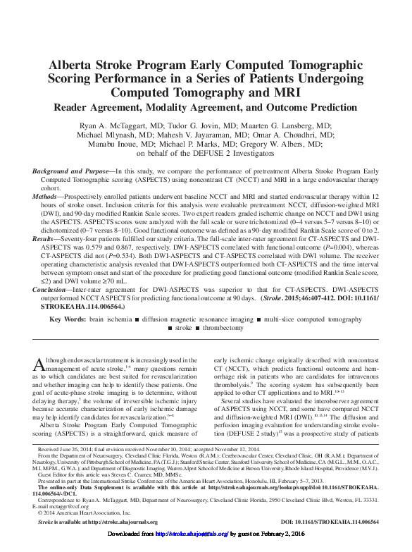 (PDF) Alberta Stroke Program Early Computed Tomography Score to Select Patients for Endovascular ...