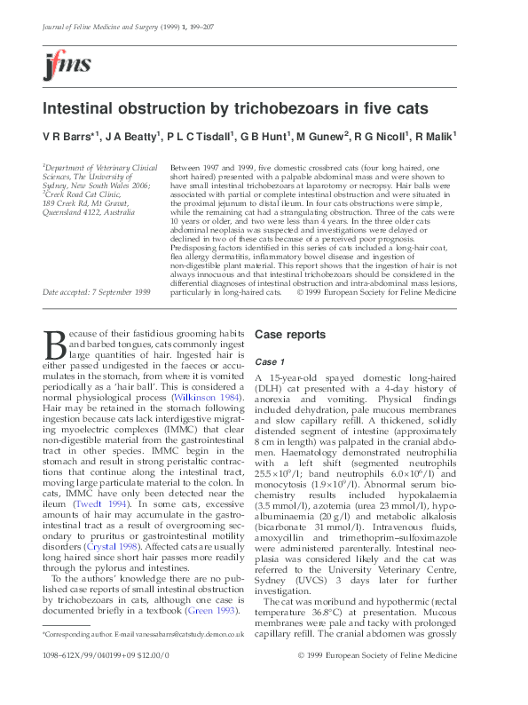(PDF) Intestinal obstruction by trichobezoars in five cats