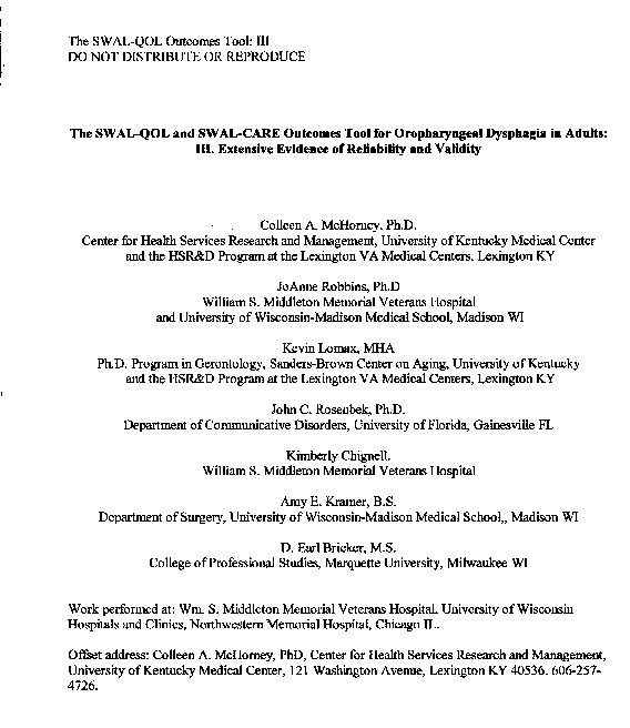 (PDF) The SWAL-QOL and SWAL-CARE Outcomes Tool for Oropharyngeal ...