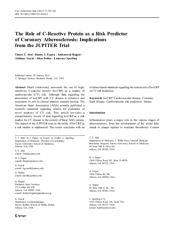 (PDF) The Role of C-Reactive Protein as a Risk Predictor of Coronary ...