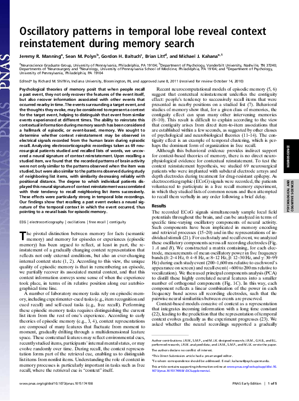 (PDF) Oscillatory patterns in temporal lobe reveal context reinstatement during memory search