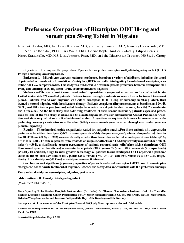 Pdf Preference Comparison Of Rizatriptan Odt 10 Mg And Sumatriptan 50 Mg Tablet In Migraine