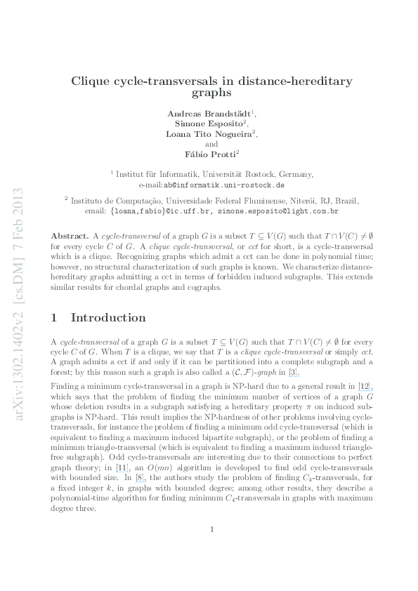 Pdf Clique Cycle Transversals In Distance Hereditary Graphs Loana Nogueira