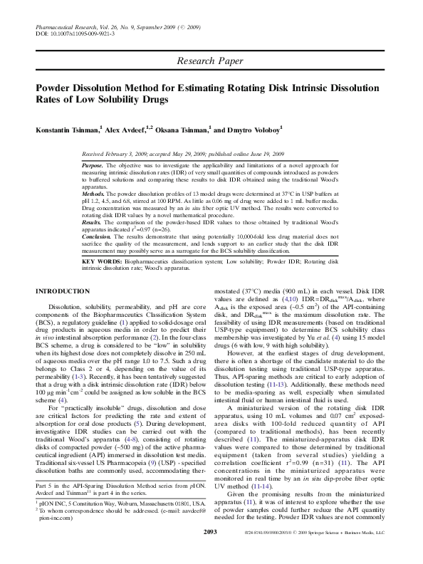Pdf Powder Dissolution Method For Estimating Rotating Disk Intrinsic