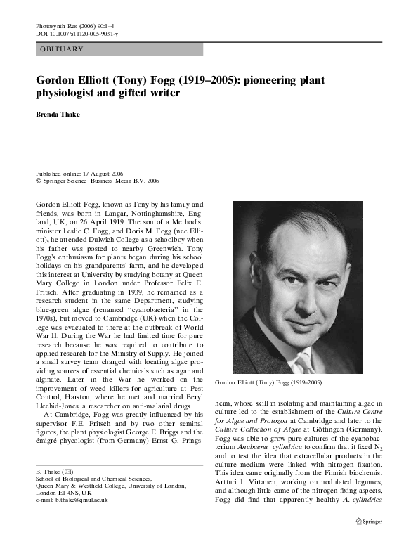 (PDF) Gordon Elliott (Tony) Fogg (1919–2005): pioneering plant ...