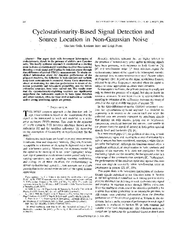 Pdf Cyclostationarity Based Signal Detection And Source Location In Non Gaussian Noise