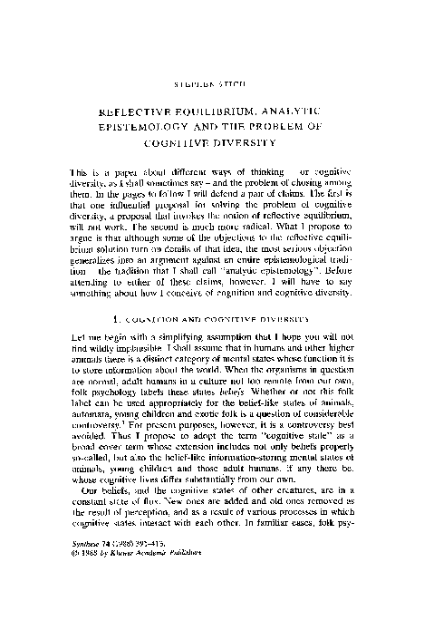 (PDF) Reflective equilibrium, analytic epistemology and the problem of ...