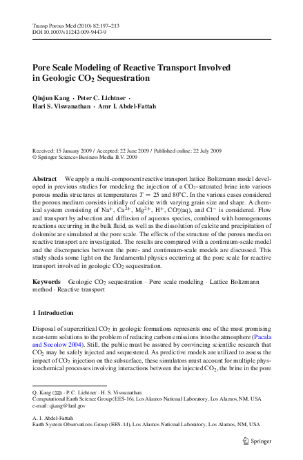 (PDF) Pore Scale Modeling of Reactive Transport Involved in Geologic CO 2 Sequestration