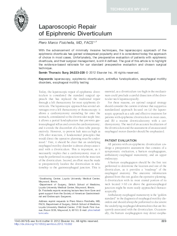 (PDF) Laparoscopic Repair of Epiphrenic Diverticulum | P. Parise - Academia.edu