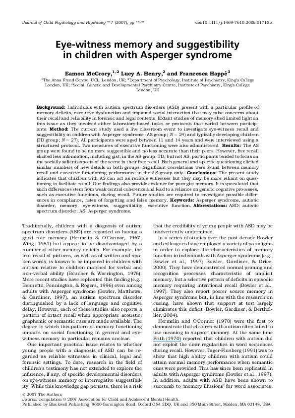 (PDF) Eyewitness Memory and suggestibility in Children With Mental ...