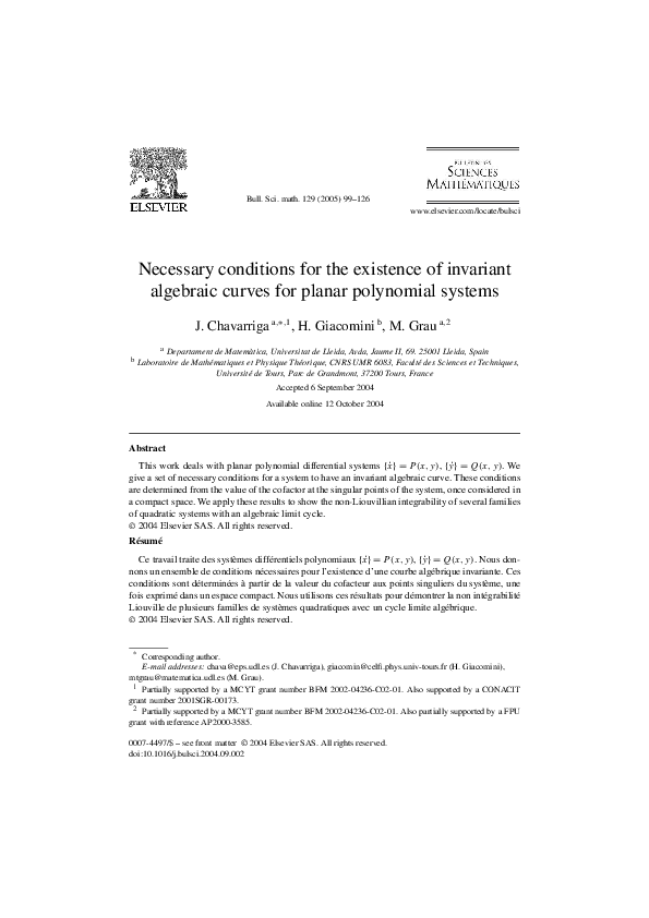 (PDF) Necessary conditions for the existence of invariant algebraic curves for planar polynomial ...