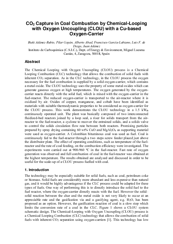 (PDF) CO2 Capture in Coal Combustion by Chemical-Looping with Oxygen Uncoupling (CLOU) with a Cu ...