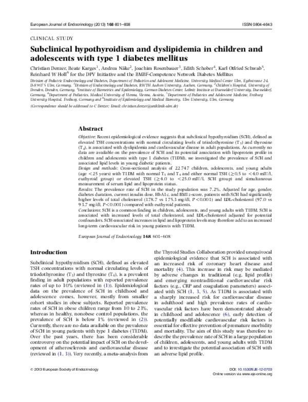 (PDF) Subclinical hypothyroidism and dyslipidemia in children and ...