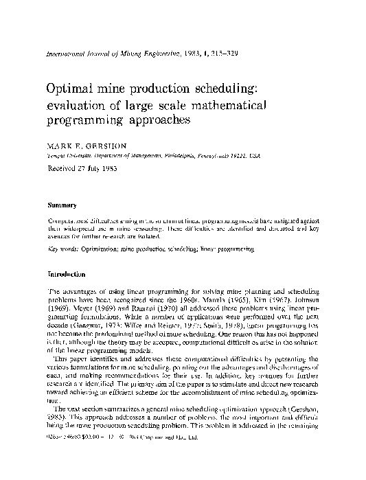 (PDF) Optimal mine production scheduling: evaluation of large scale ...