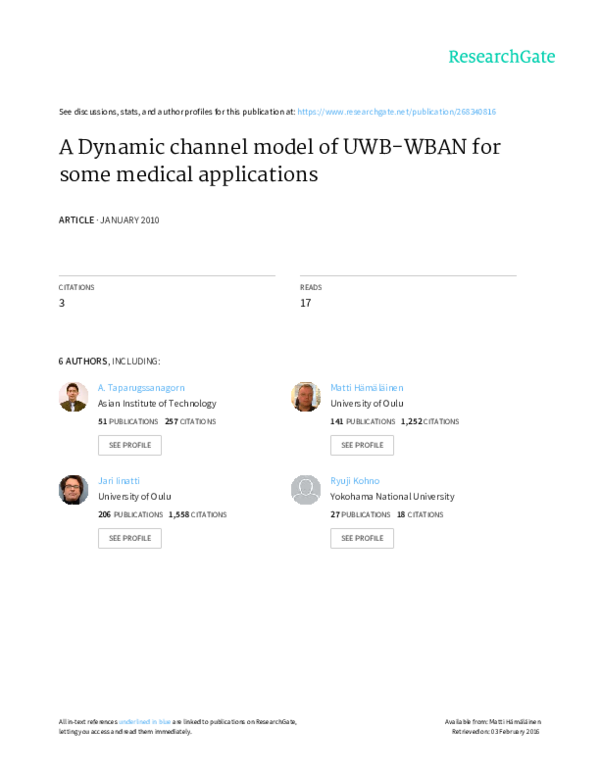 (PDF) A dynamic channel model of UWB-WBAN for some medical applications
