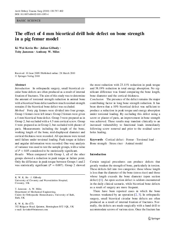(PDF) The effect of 4 mm bicortical drill hole defect on bone strength ...