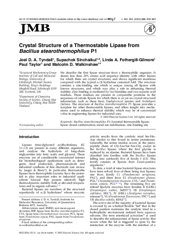 (PDF) Crystal Structure of a Thermostable Lipase from Bacillus stearothermophilus P1