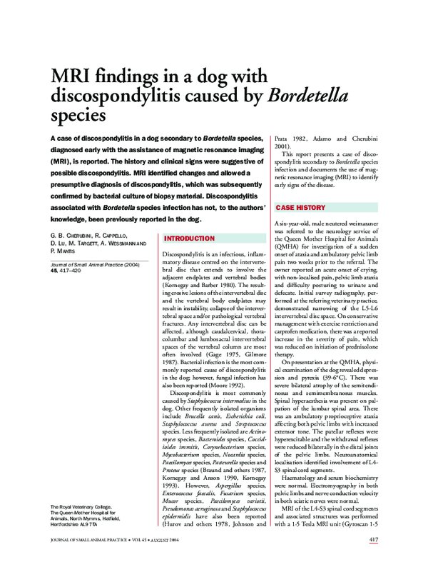 (PDF) MRI findings in a dog with discospondylitis caused by Bordetella ...