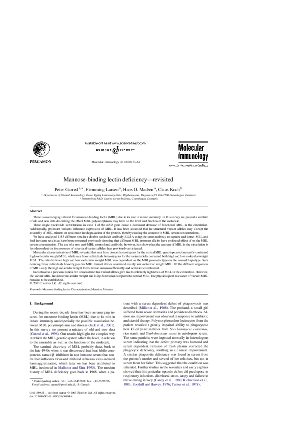 Pdf Mannose Binding Lectin Deficiency Revisited