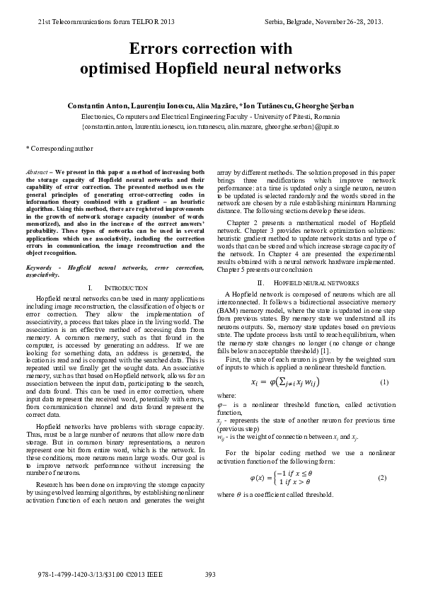 (PDF) Errors correction with optimised Hopfield neural networks