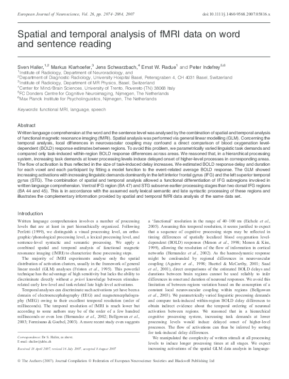 Pdf Spatial And Temporal Analysis Of Fmri Data On Word And Sentence