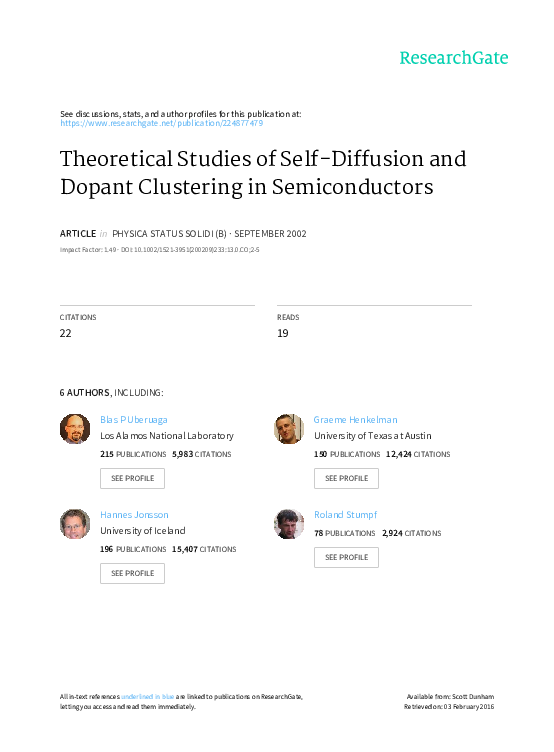 (PDF) Theoretical Studies of Self-Diffusion and Dopant Clustering in Semiconductors