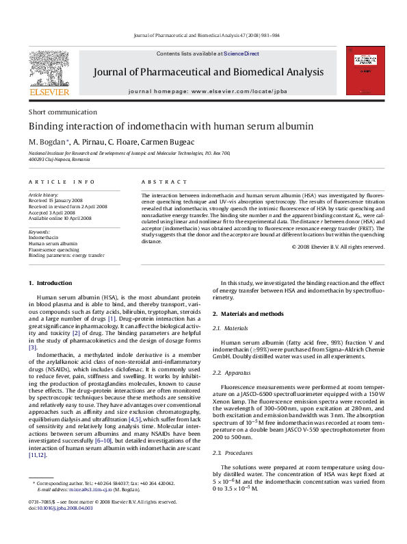 Pdf Binding Interaction Of Indomethacin With Human Serum Albumin