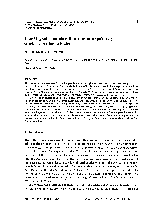(PDF) Low Reynolds number flow due to impulsively started circular cylinder