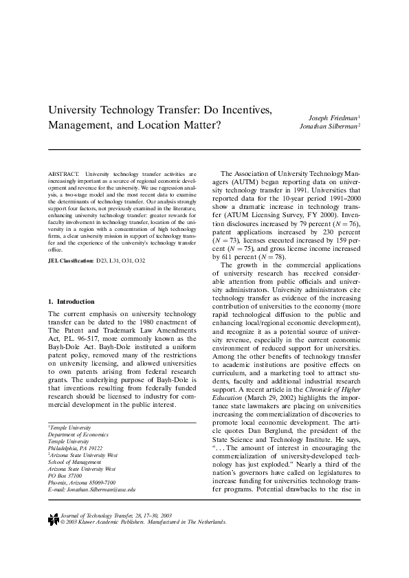 (PDF) University technology transfer: do incentives, management, and ...