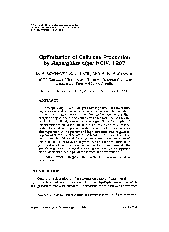 (PDF) Optimization of cellulase production by aspergillus niger NCIM 1207 | Digambar Gokhale ...