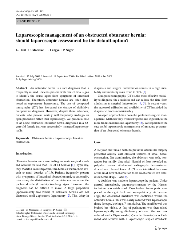 (PDF) Laparoscopic Approach for Obturator Hernia