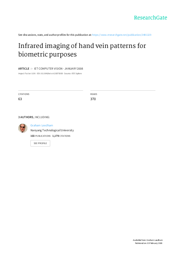 (PDF) Infrared imaging of hand vein patterns for biometric purposes