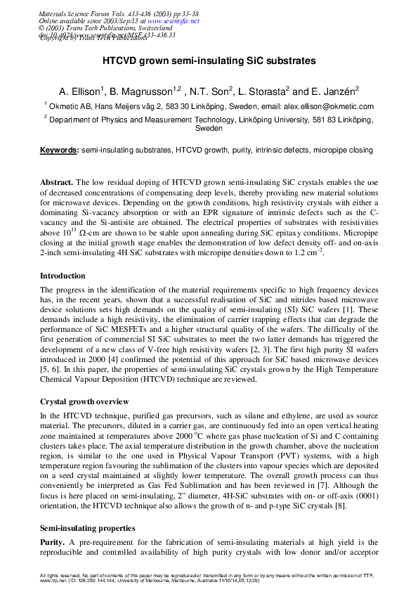 (PDF) HTCVD Grown Semi-Insulating SiC Substrates