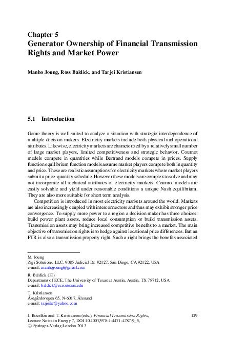 (PDF) Generator Ownership of Financial Transmission Rights and Market Power