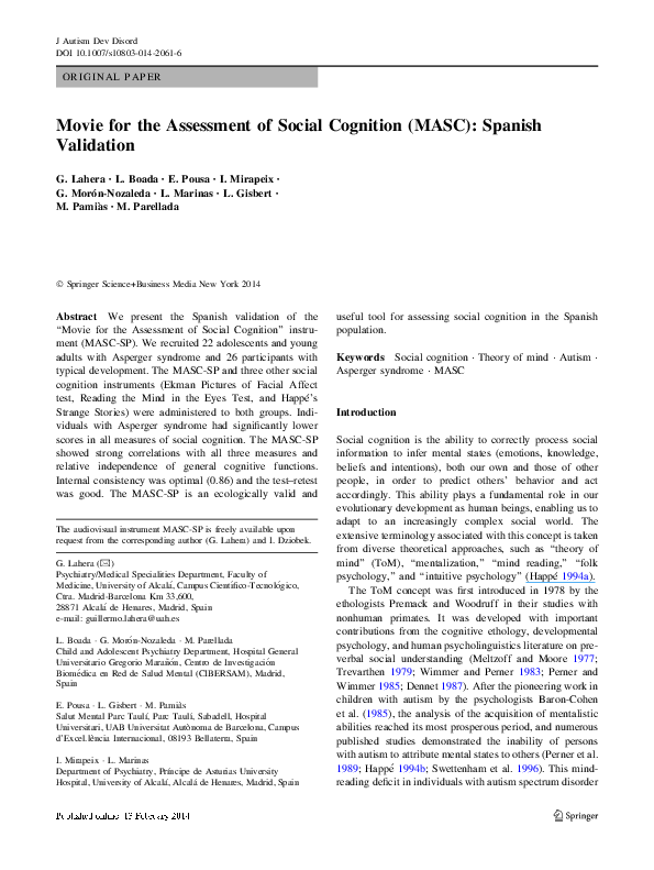 (PDF) Movie for the Assessment of Social Cognition (MASC): Spanish ...