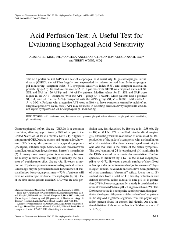 (PDF) Acid Perfusion Test: A Useful Test for Evaluating Esophageal Acid ...