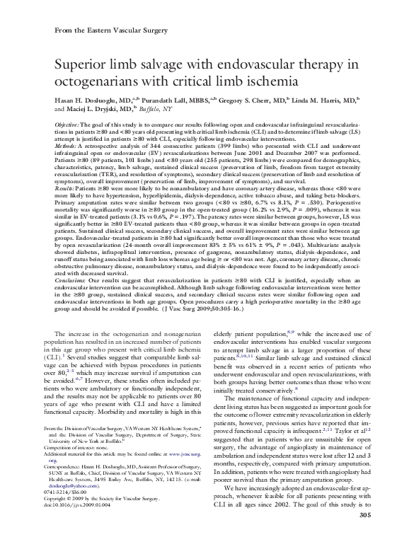 Pdf Superior Limb Salvage With Endovascular Therapy In Octogenarians With Critical Limb Ischemia