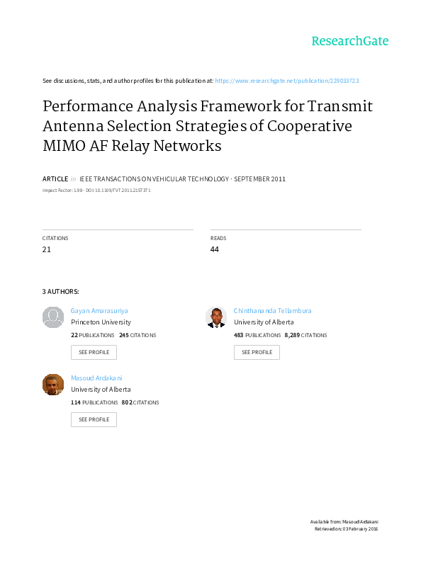 Pdf Performance Analysis Framework For Transmit Antenna Selection Strategies Of Cooperative