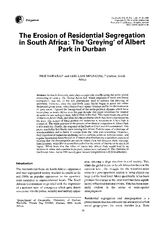 (PDF) The erosion of residential segregation in South Africa: The ...