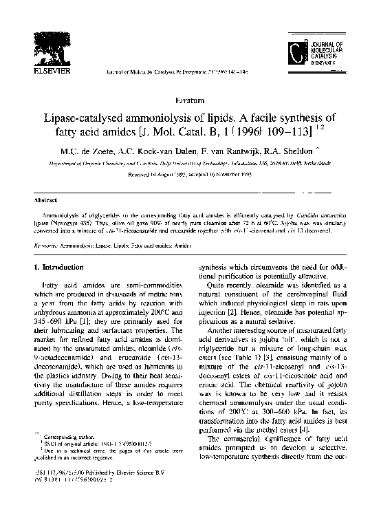 (PDF) Lipase-catalysed ammoniolysis of lipids. A facile synthesis of ...