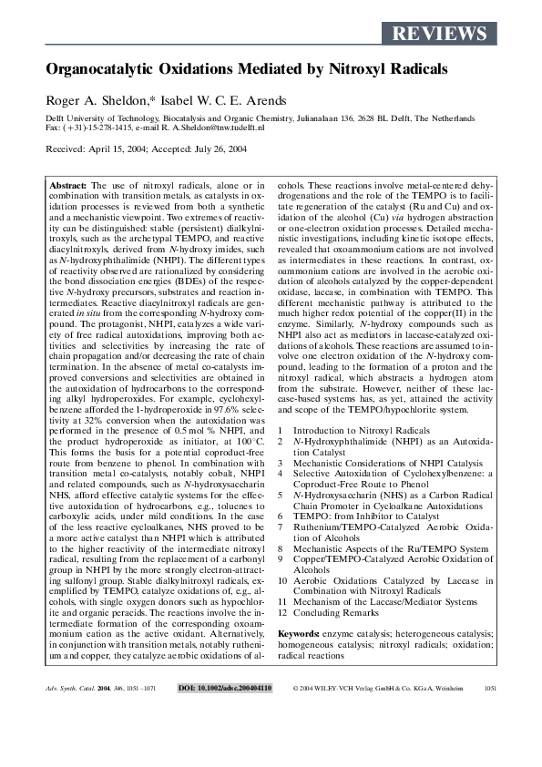 (PDF) Organocatalytic Oxidations Mediated by Nitroxyl Radicals