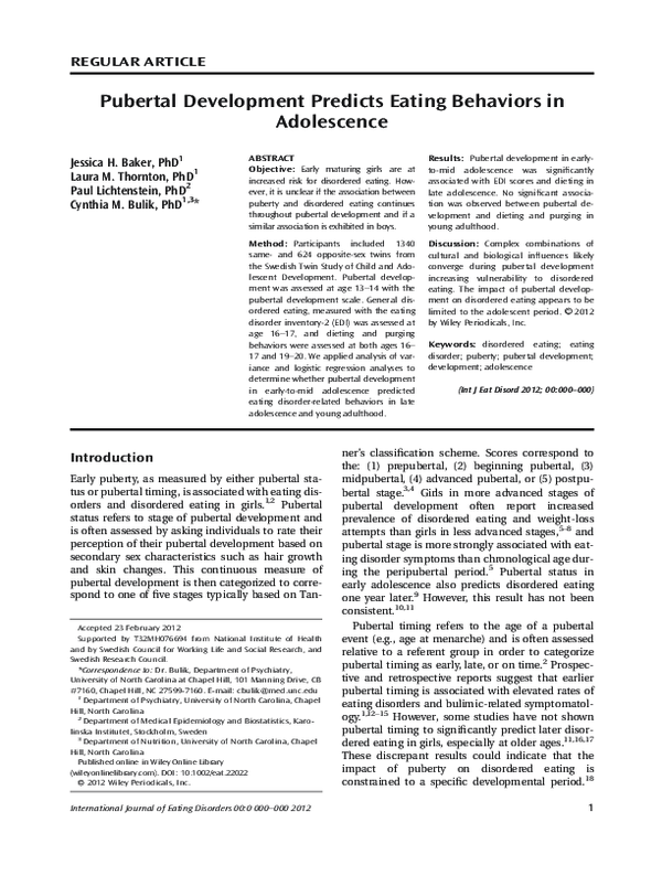 (PDF) Pubertal development predicts eating behaviors in adolescence
