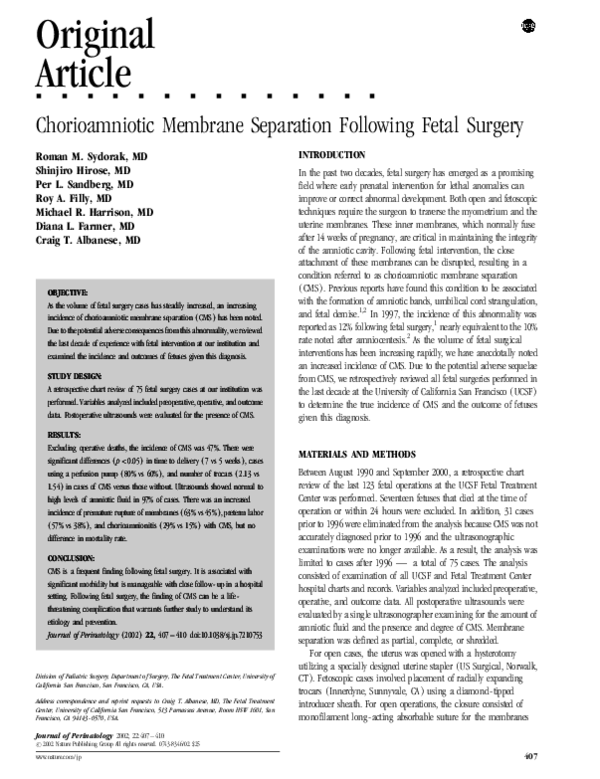 (PDF) Chorioamniotic Membrane Separation Following Fetal Surgery