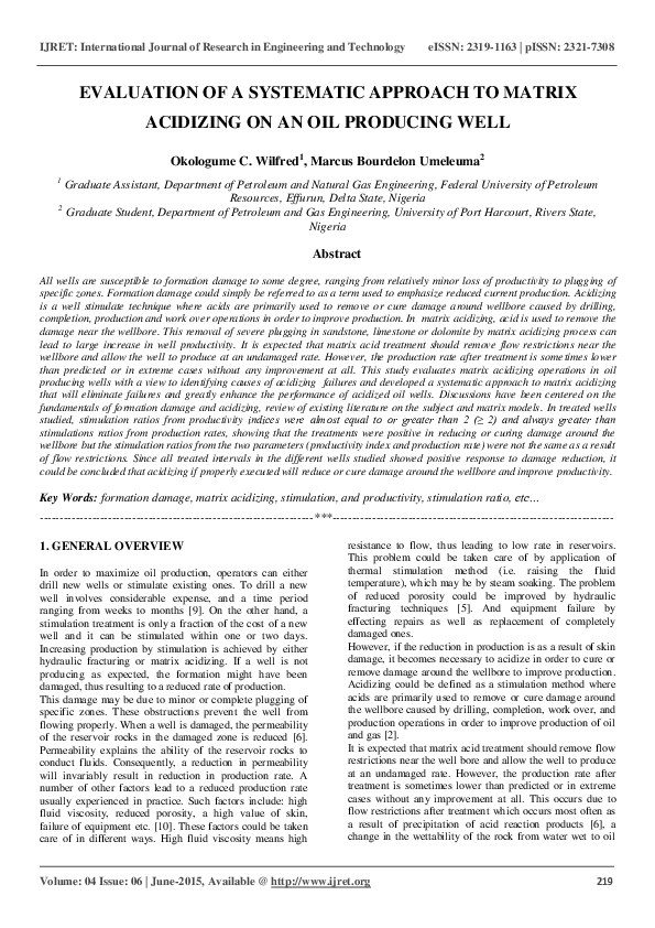 (PDF) EVALUATION OF A SYSTEMATIC APPROACH TO MATRIX ACIDIZING ON AN OIL ...