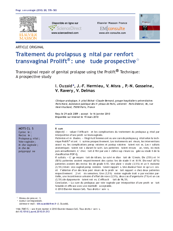 (PDF) Traitement du prolapsus génital par renfort prothétique léger par ...